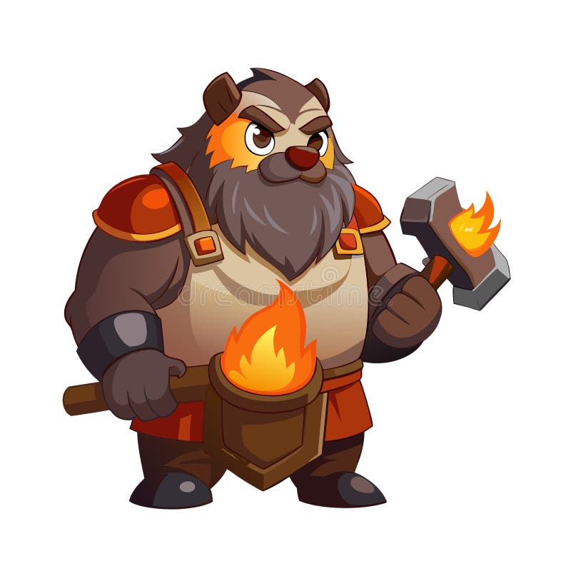 Cartoon Bear Blacksmith with Hammer and Fire, Isolated on White ...