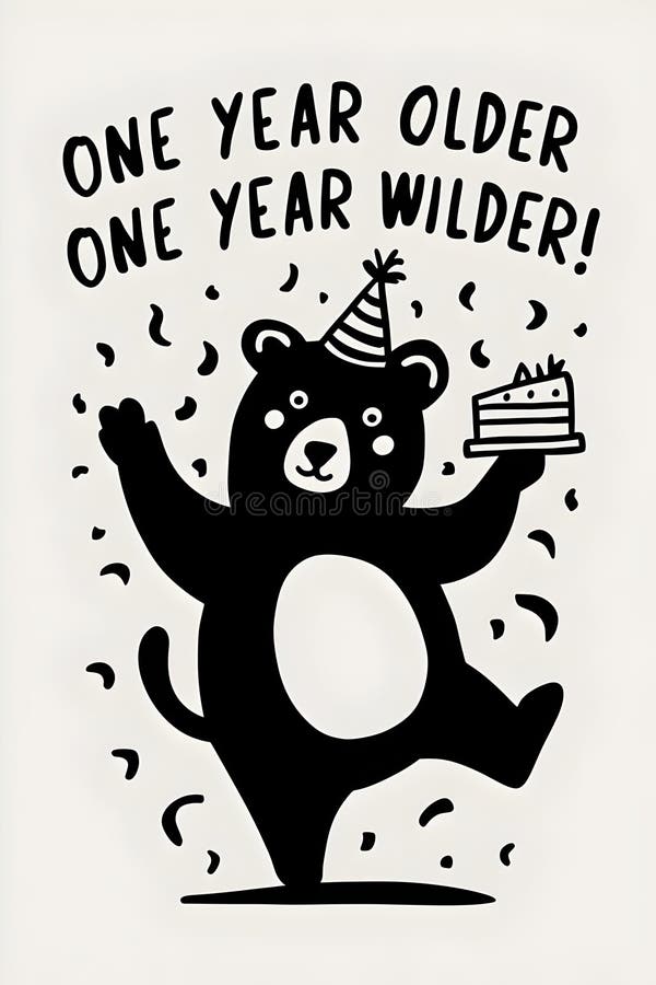Cartoon Bear Celebrating Birthday with Cake and Confetti Stock ...