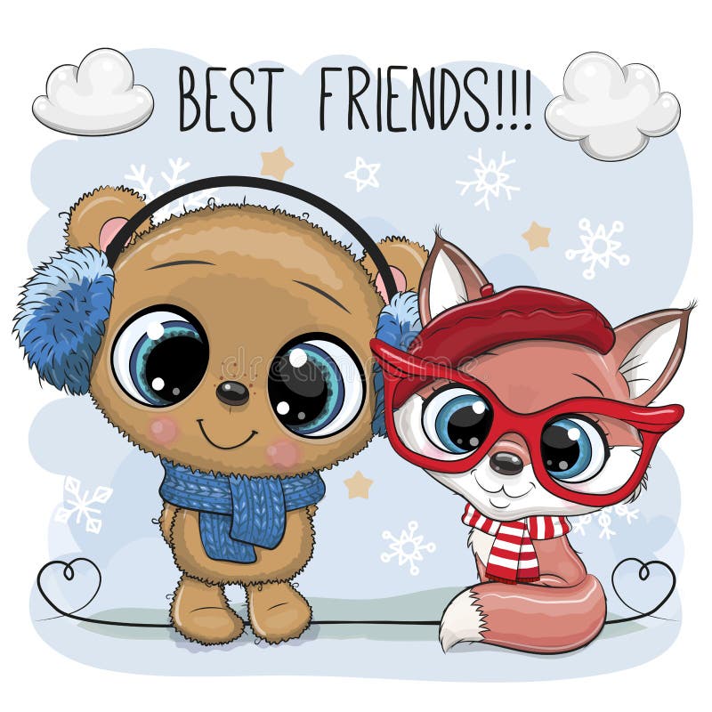 Cartoon Bear and Fox on a Blue Background Stock Vector - Illustration ...