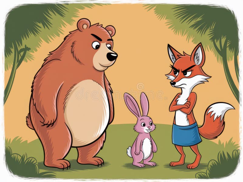 Cartoon Bear, Fox, and Rabbit in a Forest Scene with Expressions of ...