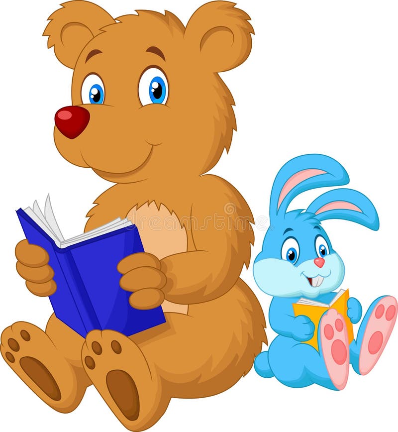 Cartoon Bear and Rabbit Reading Book Stock Vector - Illustration of ...