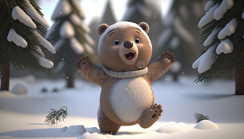 A Cartoon Bear Standing in the Snow in Front of Trees. Stock ...