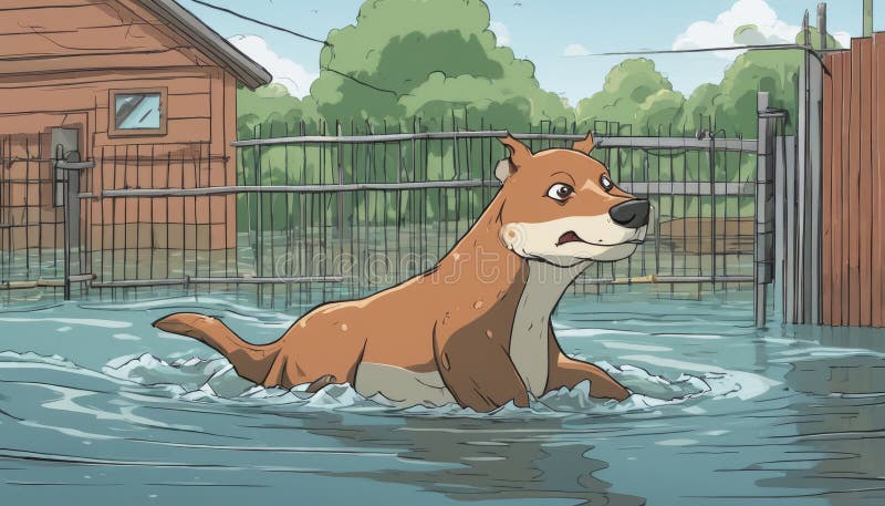 A Cartoon Bear Swimming in a Flooded Area Stock Illustration ...
