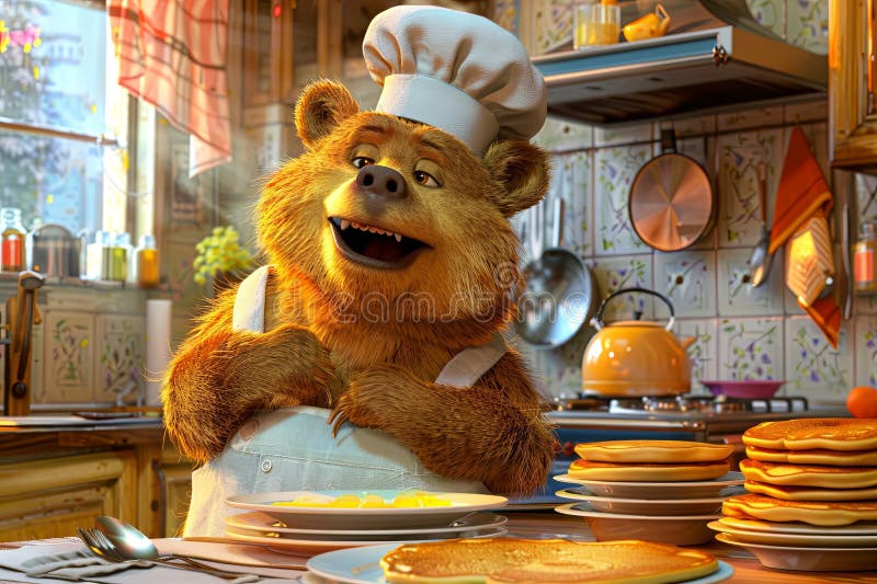 A Cartoon Bear Wearing a Chefs Hat is Cooking Pancakes in a Kitchen ...