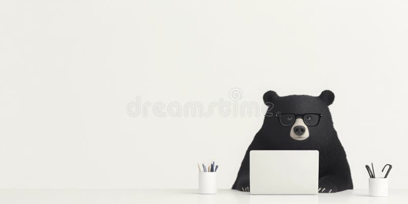 Cartoon Bear Working on Laptop in Minimalist Office Stock Illustration ...