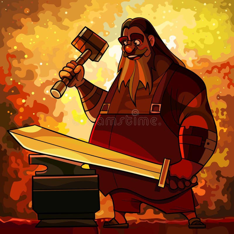 Cartoon Bearded Man Blacksmith Forges a Sword in a Fire Forge Stock ...