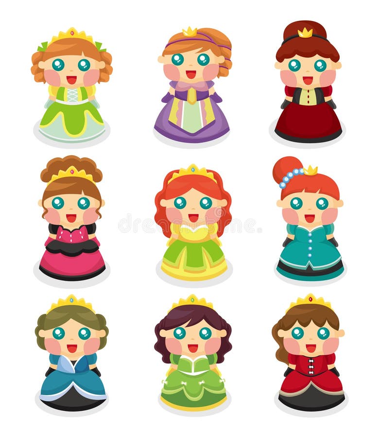 Cartoon Beautiful Princess Icons Set Stock Vector - Illustration of ...