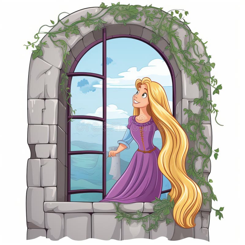 Cartoon Beautiful Rapunzel at Castle Window, Vector Illustration Stock ...