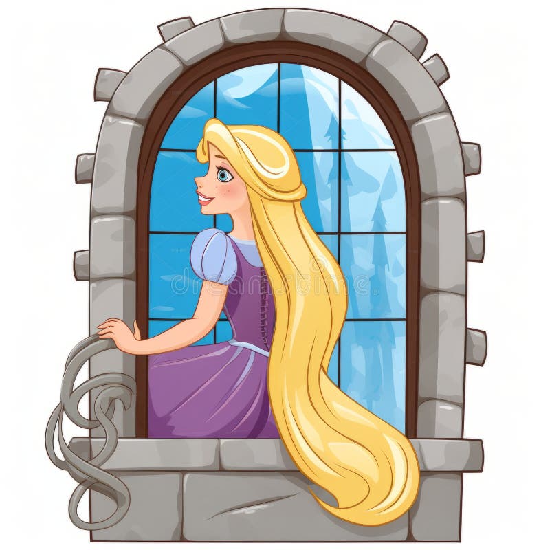 Cartoon Beautiful Rapunzel at Castle Window, Vector Illustration Stock ...