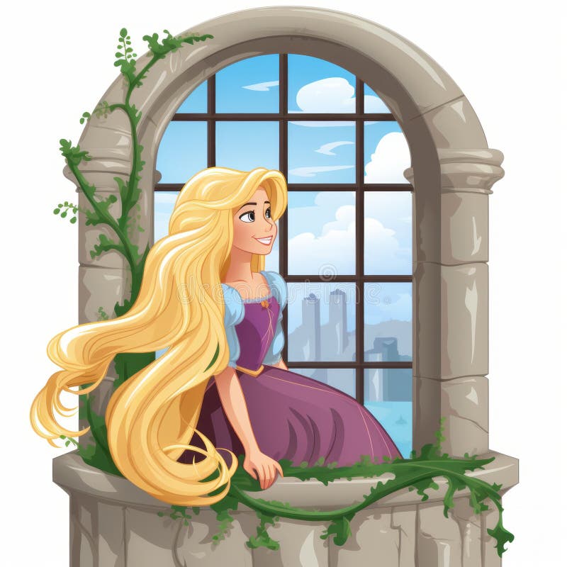 Cartoon Beautiful Rapunzel at Castle Window, Vector Illustration Stock ...