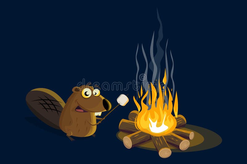 Cartoon Beaver Grilling Marshmallow at a Campfire Stock Illustration ...