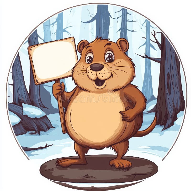 Cartoon of a Beaver Holding a Blank Sign in the Forest in a Circular ...