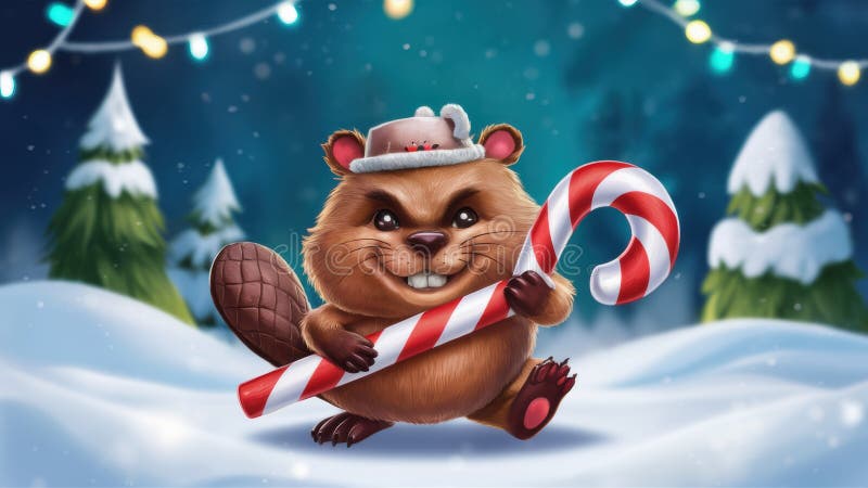 A Cartoon Beaver Holding a Candy Cane in the Snow, AI Stock Photo ...