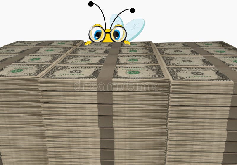 Cartoon Bee Looking Behind the Dollar Stack Stock Illustration ...