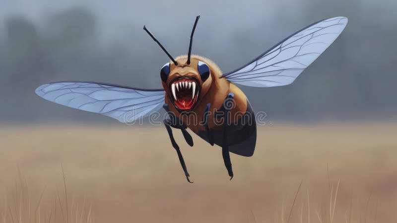 Cartoon Bee with Sharp Teeth Flying Over Meadow Stock Illustration ...