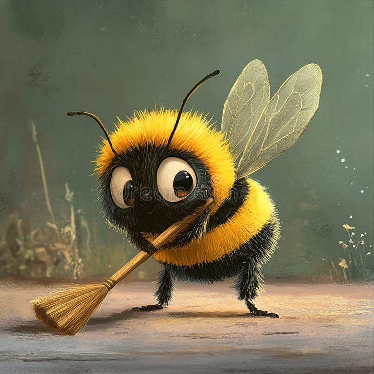 Cartoon Bee Sweeping with a Small Broom Stock Illustration ...