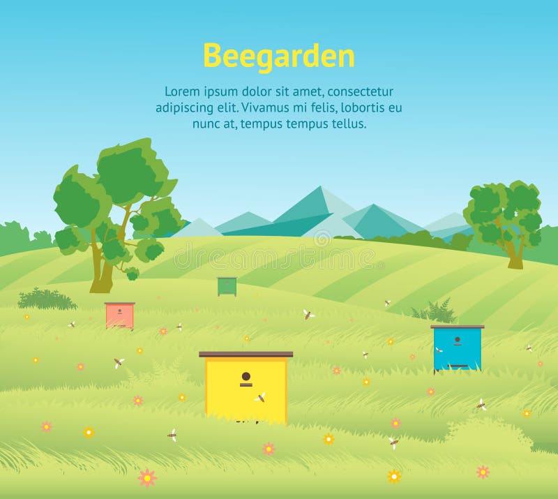 Cartoon Beekeeping Apiary Farm Garden Landscape Background. Vector ... Cartoon Beekeeping Apiary Farm Garden Landscape Background. Vector ...