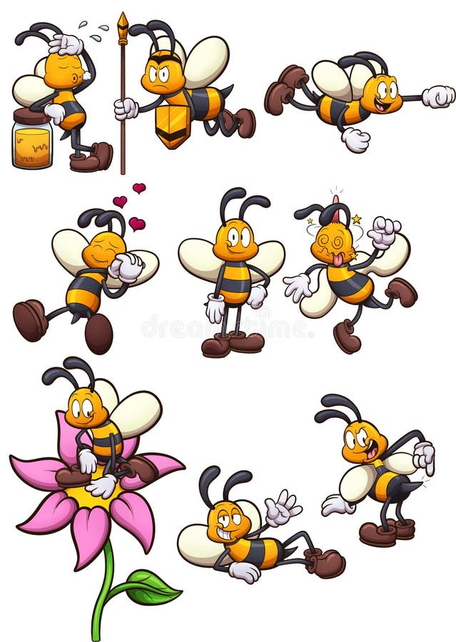 Cartoon Bees in Different Poses. Vector Clip Art Illustration with Simple Gradients. All in One ...