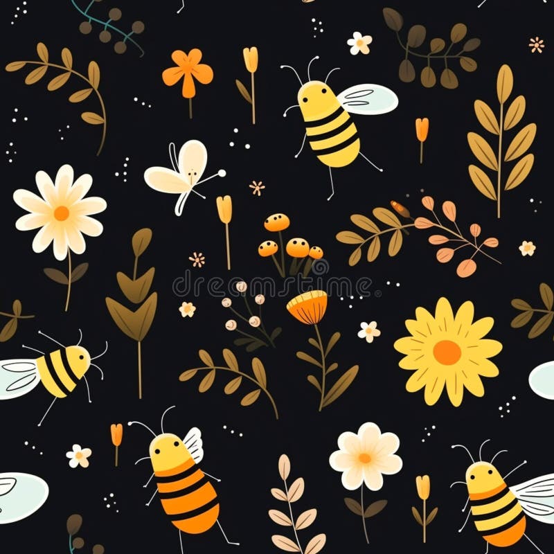 Cartoon Bees and Flowers Seamless Background Illustration Stock ...