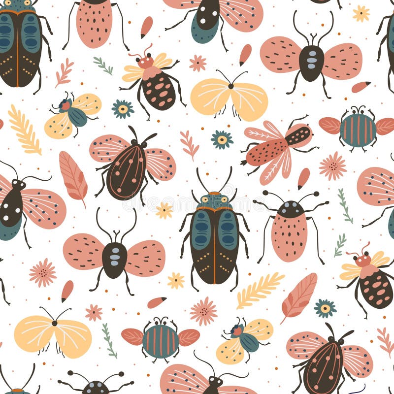 Cartoon Beetle Butterfly Wing Seamless Pattern Packaging Vector Stock ...