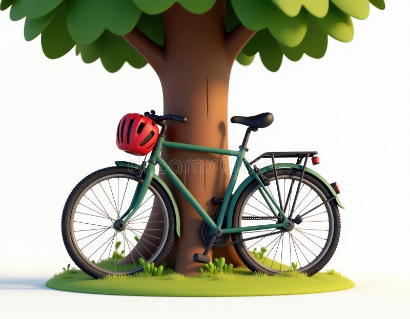 Cartoon Bicycle Leaning Against Tree - 3D Render Stock Illustration ...