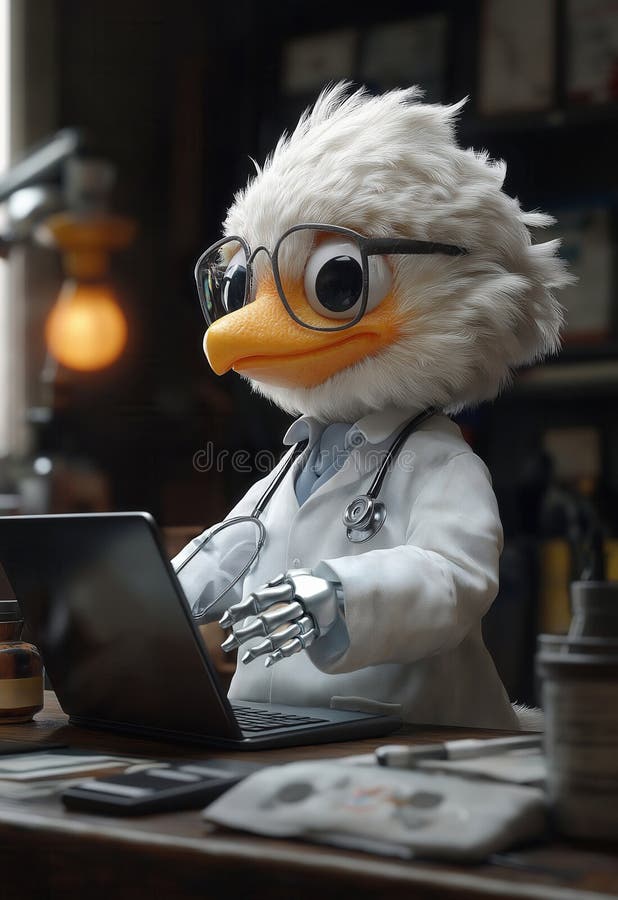 Cartoon Bird Doctor Sitting Table Working Computer Stock Photos - Free ...