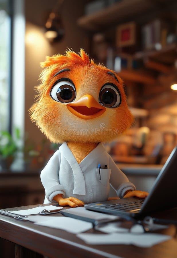 Cartoon Bird Doctor Sitting at Table Working on Computer. Stock Photo ...