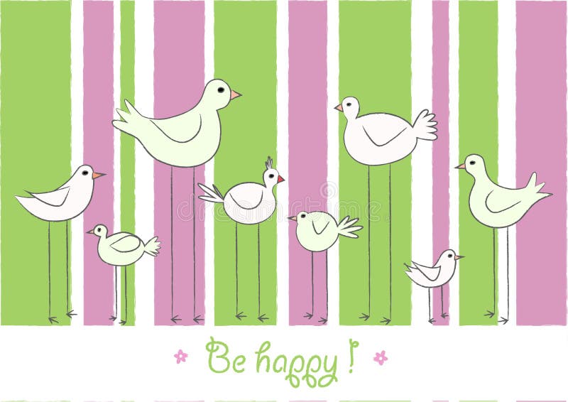 Cartoon Birds on the Striped Background, Be Happy Text, Horizontal ...