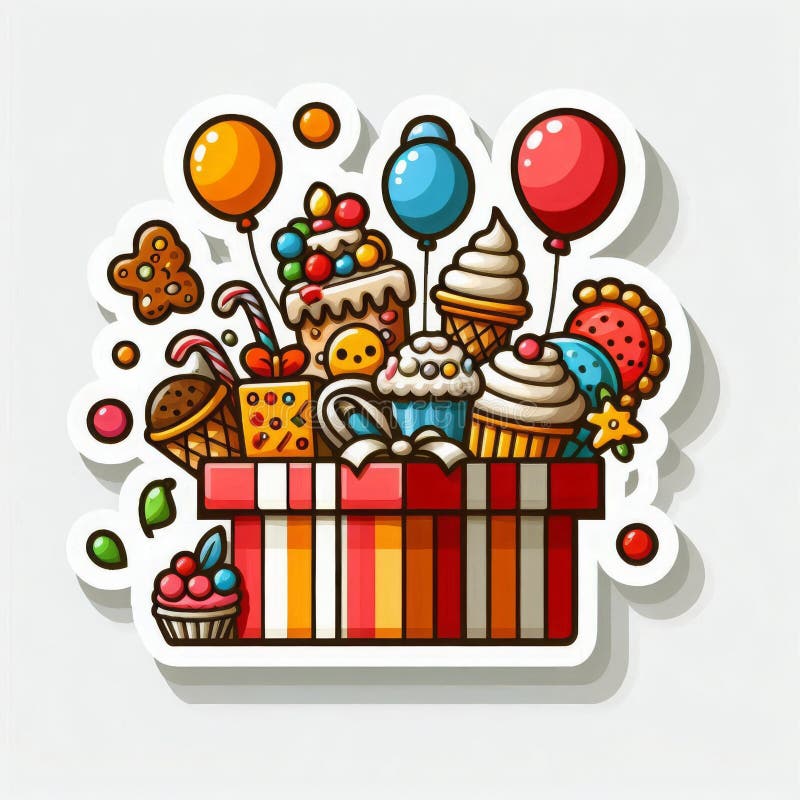 Cartoon Birthday Cake with Balloons and Sweets in a Gift Box Stock ...