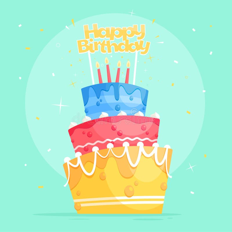 Cartoon Birthday Cake with Topper Vector Illustration. Stock Vector ...
