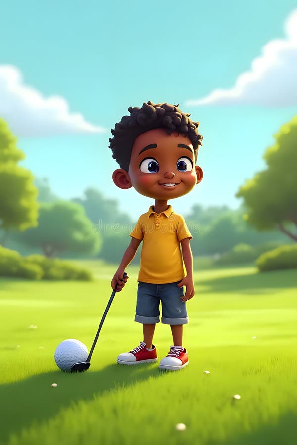 Cartoon of a Black Boy Playing Golf in a Large Grass Field Stock Illustration - Illustration of ...