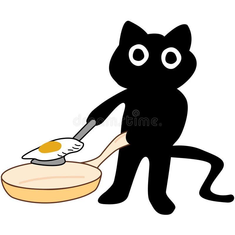 Cartoon Black Cat Character Cooking an Egg in a Pan Stock Illustration ...