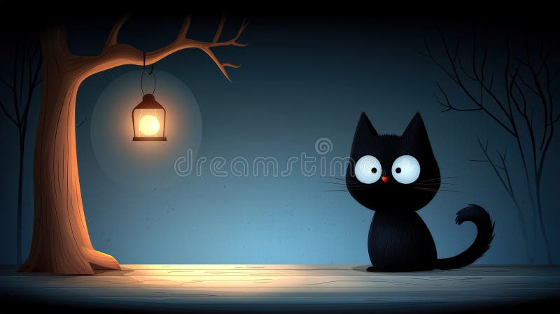 Cartoon Black Cat Sitting Under a Lamp beside a Tree Whimsical and ...