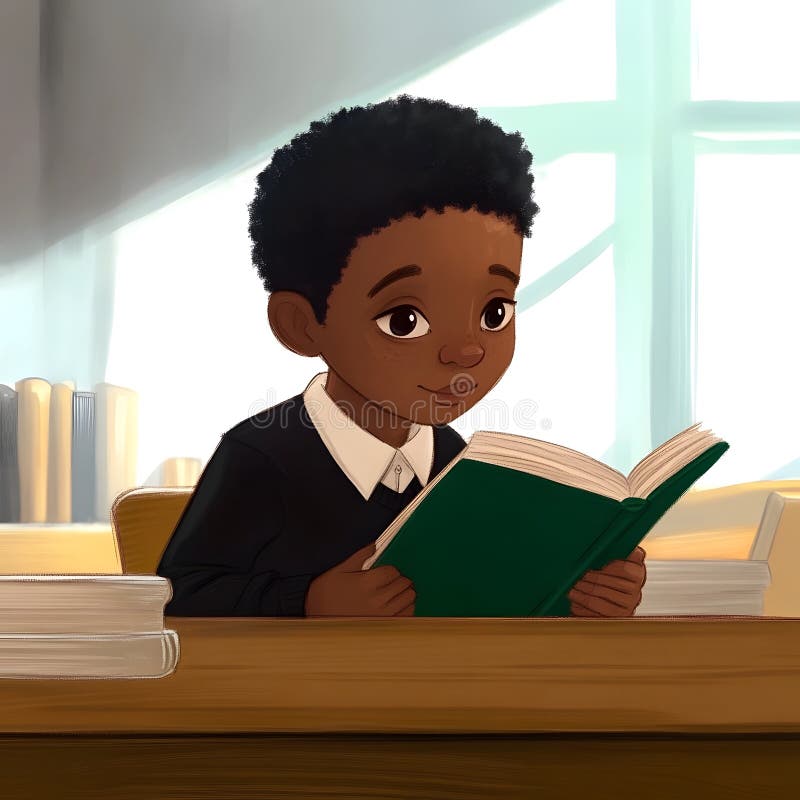 Cartoon Black Schoolboy is Reading and Studying in Class Stock ...