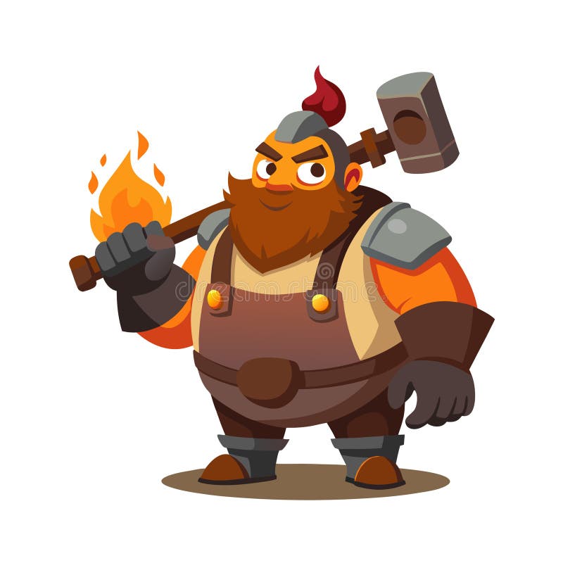 Cartoon Blacksmith Character with Hammer and Fire Torch on White ...