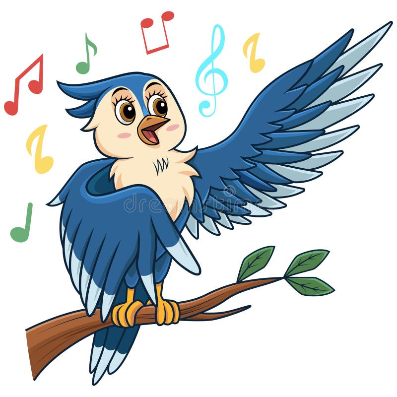 Cartoon Blue Bird Singing on Tree Branch Stock Illustration ...