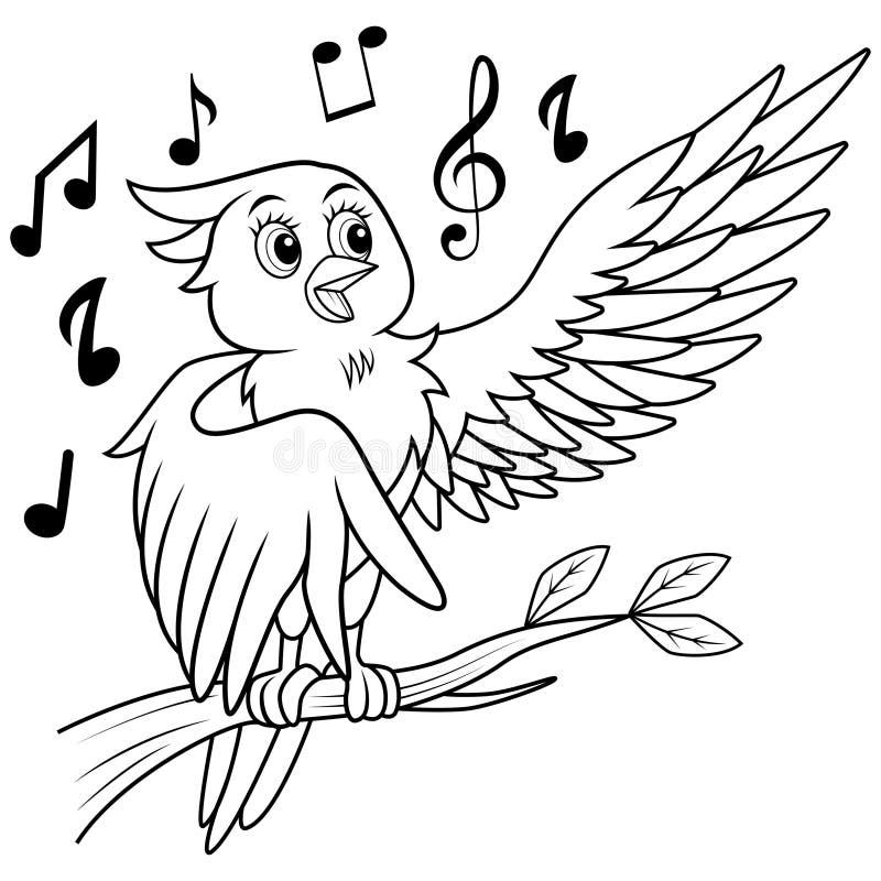 Cartoon Blue Bird Singing on Tree Branch Line Art Stock Illustration ...