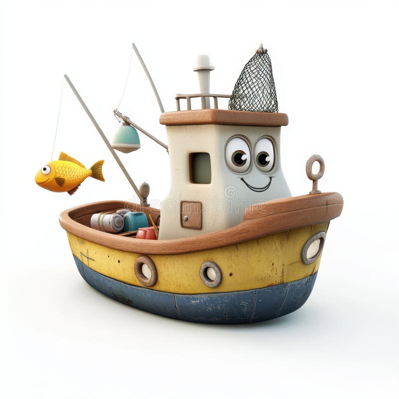 A Cartoon Boat with a Fish on it Stock Illustration - Illustration of ...
