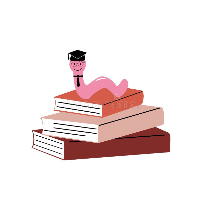 Cartoon Bookworm in a Square Academic Cap and Tie on a Stack of Books ...
