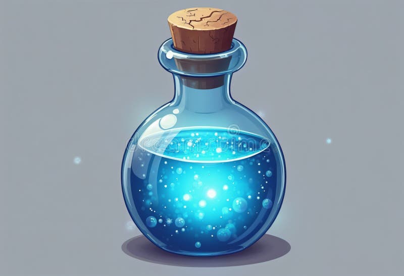 Cartoon Bottle with Blue Liquid with Sparkling Bubbles, Magic Potion ...