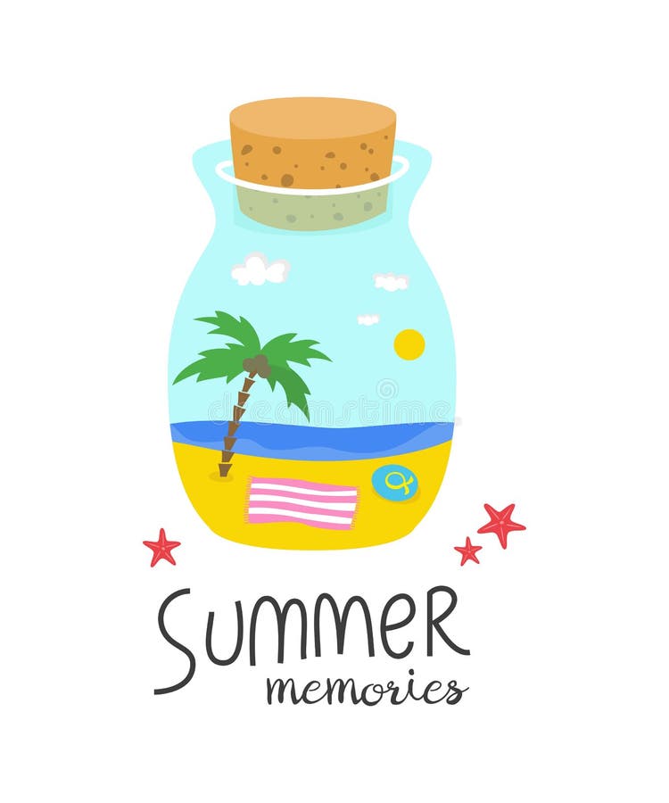 Cartoon Bottle with Summer Memories Stock Illustration - Illustration ...
