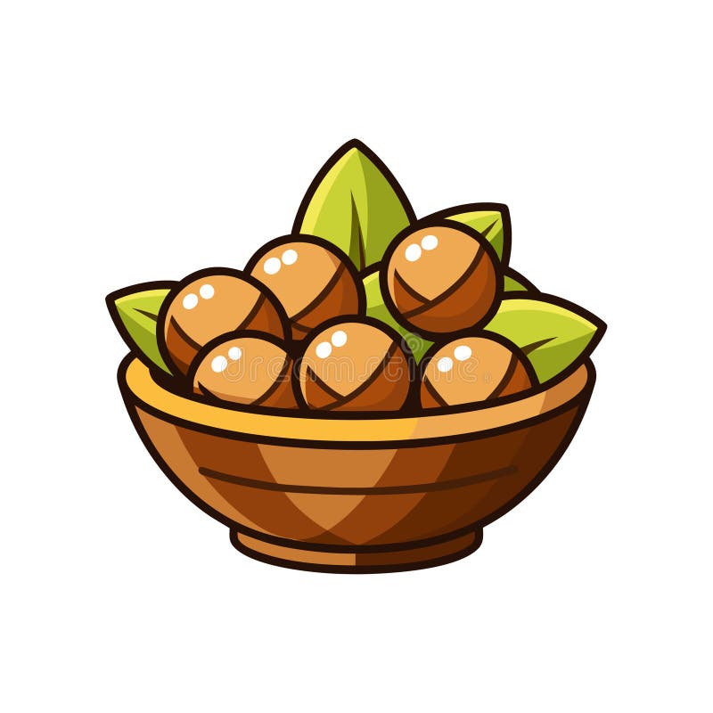 Cartoon Bowl of Macadamia Nuts with Green Leaves Stock Illustration ...
