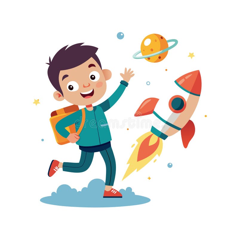 Cartoon Boy Launching Rocket To Space with Backpack, Illustration ...
