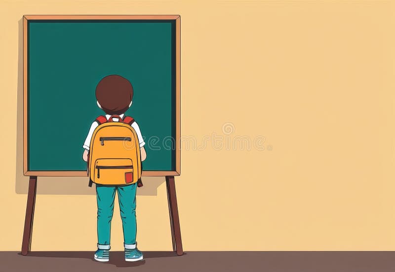 Cartoon Boy with Backpack Standing at Chalkboard, Copy Space on the ...