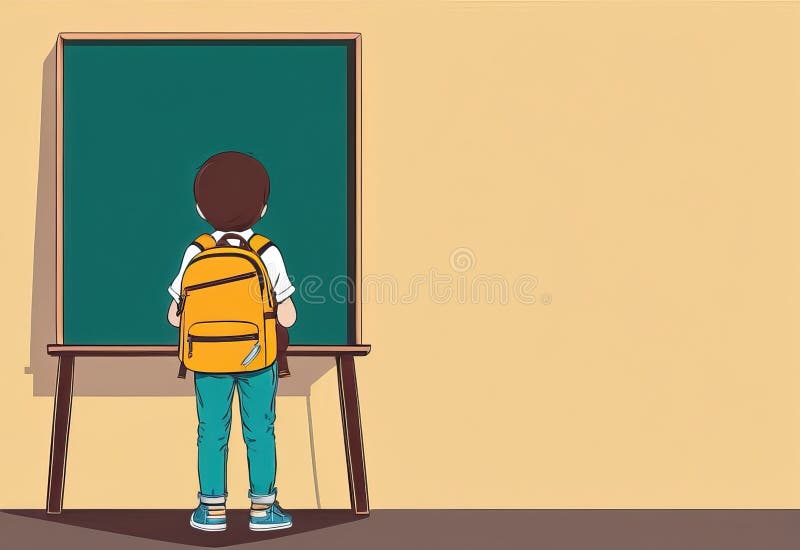 Cartoon Boy with Backpack Standing at Chalkboard, Copy Space on the ...