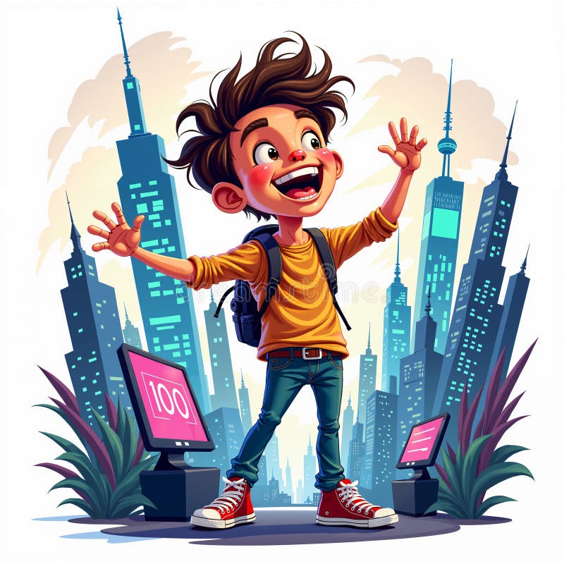 Cartoon Boy with a Backpack, Standing between Two Computer Monitors ...