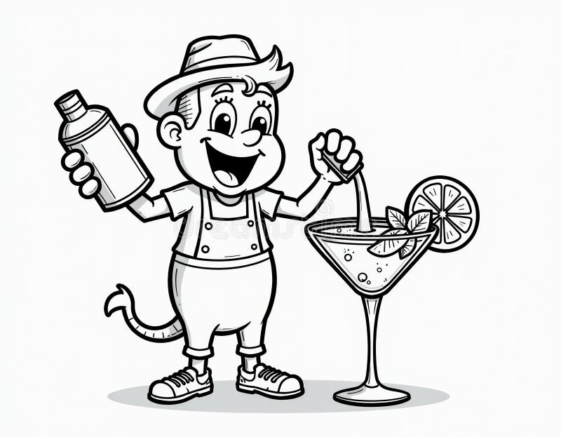 Cartoon Boy Bartender Making a Cocktail - Line Art Illustration Stock ...