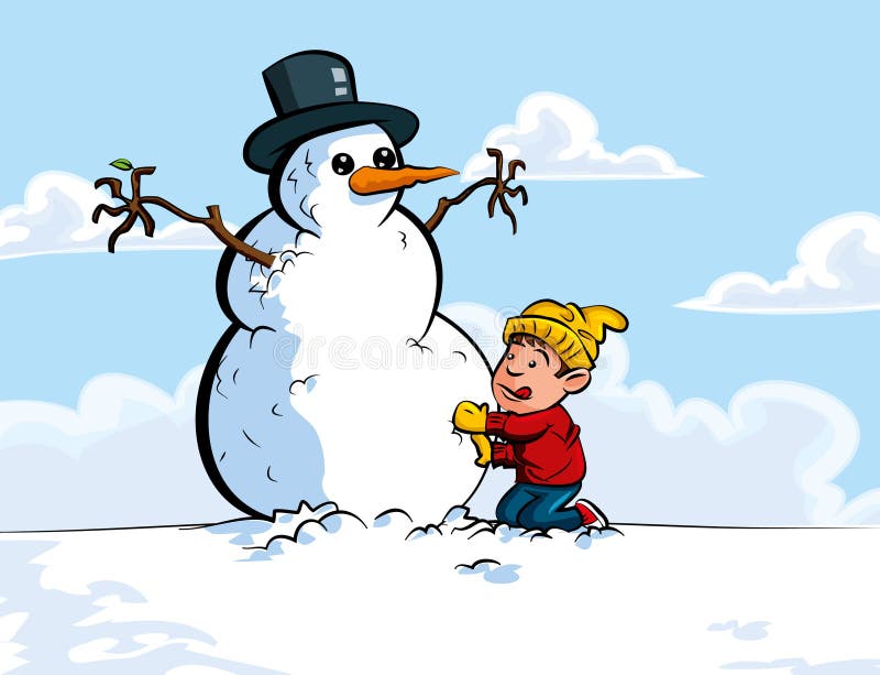 Cartoon of Boy Building a Snowman Stock Vector - Illustration of blue ...