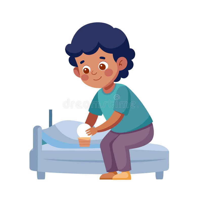 Cartoon Boy Changing Light Bulb in Bedroom at Bedside Table Stock ...