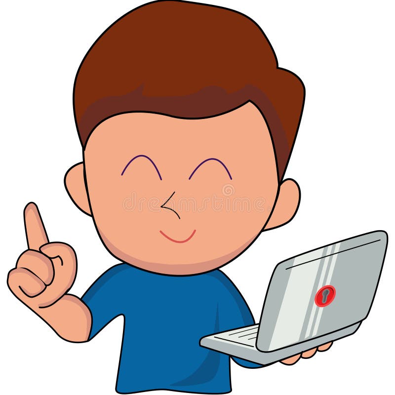 Cartoon Boy Character with Laptop and Raised Finger Stock Illustration ...